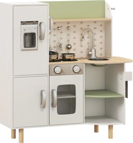 Dětská dřevěná kuchyňka AIYAPLAY pro děti 3-6 let s výrobníkem ledu, nerezovým dřezem, mobilním šálkem a nádobím 84x34x89 cm Bílá | Aosom