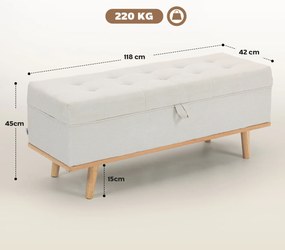 HOMCOM úložná lavice s úložným prostorem 80L, s látkovým potahem a dřevěnými nohami, 118x42x45 cm, krémová