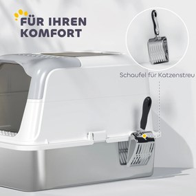 PawHut Zásobník na stelivo, kočičí toaleta s víkem, lopatkou na stelivo, předním vstupem a horním výstupem z nerezové oceli do 7 kg