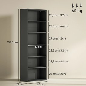 HOMCOM knihovna úložný regál 6 úrovní s nastavitelnými policemi pro obývací pokoj, ložnici, kancelář, 60x24x158,5 cm, černá