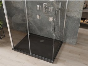 Mexen Omega, 3-stěnový sprchový kout s posuvnými dveřmi 110 (dveře) x 90 (stěna) x 190 cm, 8mm čiré sklo, chromový profil + černá sprchová vanička SLIM, 825-110-090-01-00-3S-4070