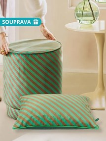 Set puf Block Stripe + polštář Block Stripe 35x50 cm (Zeleně laděný set semišového pufu a pruhovaného polštáře)