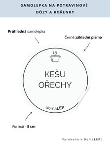 KEŠU OŘECHY – průhledná samolepka na dózu, základní písmo, 5 cm | DomaLEP