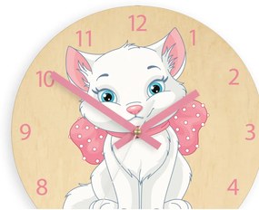 M.Clock Nástěnné dětské dřevěné hodiny kočička tiché 30cm bříza