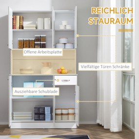 HOMCOM Moderní kuchyňský bufetový kabinet s vícero úložnými prostory, 6 dveří, 1 šuplík + velká pracovní deska, rozměry 101L x 39W x 180H cm v bílé a…