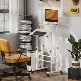 HOMCOM stojací‑sedací stůl 60×60 cm – výškově nastavitelný, s kolečky, naklápěcí deska stolu, kovový rám, přírodní