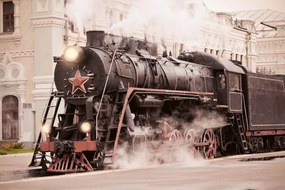 DIMEX | Vliesová fototapeta Retro parní vlak MS-5-2906 | 375 x 250 cm | červená, bílá, černá