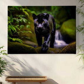 Obraz na plátně - Černý panter hrdě vykračuje u vodopádu FeelHappy.cz Velikost obrazu: 120 x 80 cm