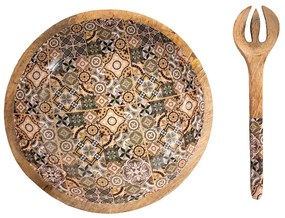 Dřevěná servírovací mísa se salátovou vidličkou a vnitřkem s ornamenty - Ø30*7 cm