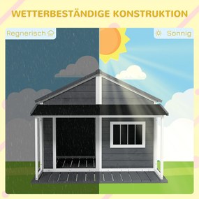 Dřevěná psí bouda PawHut s terasou a asfaltovou střechou – venkovní weatherproof úkryt pro malé zvíře, šedá, 124 x 112 x 105 cm