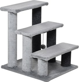 PawHut Kočičí Schody 3-Krokové Domácí Schody pro Mazlíčky se Škrabacími Sloupky a Míčkem pro Psy až 5 kg, Plyš Juta Šedá 45 x 40 x 48 cm | Aosom