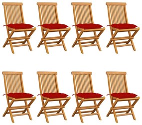Zahradní židle s červenými poduškami 8 ks masivní teak