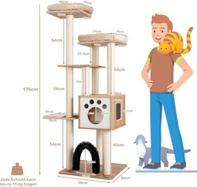 Costway 176 cm 6patrové škrabadlo s útulnými podložkami a béžová jeskyně