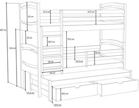 Dětská patrová postel z masivu borovice EMA s přistýlkou a šuplíky - 200x90 cm - BÍLÁ