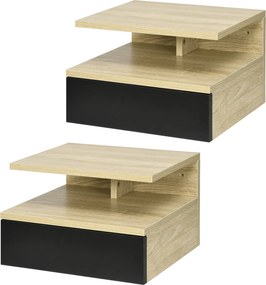 HOMCOM Sada 2 Floating Nočních Stolků Závěsných Nočních Stolků s 1 Šuplíkem a Otevřenou Policí do Ložnice 35x32x22,5 cm Dub a Černá