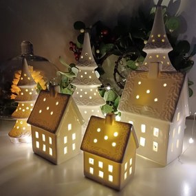 LED dekorace keramický domeček, 8,5 × 6,9 × 12,9 cm, teple bílá, 2× LR44