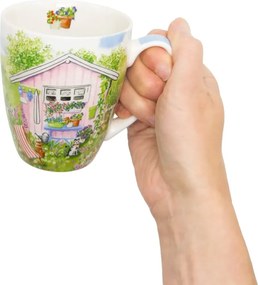 Porcelánový hrnek Pohoda na zahradě, 350 ml – hrnek pro zahrádkářku s kočkou a květinami