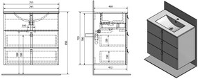 Sapho MITRA umyvadlová skříňka, 3 zásuvky, 74,5x70x45,2 cm, bordó MT083
