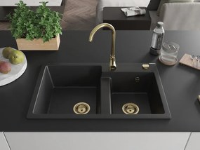 Mexen Tomas, granitový dřez 800x500x190 mm, 2-komorový, černá se zlatým sifonem, 6516802000-77-G