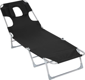 Outsunny Zahradní Skládací Lehátko s Otvorem na Čtení, Opěrkou Hlavy a Nastavitelným Zádovým Opěradlem v 5 Úrovních pro Pláž 182x56x28 cm Černé | Aoso