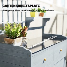 Outsunny světle šedý zahradní stůl na přesazování se skříňkou a pozinkovanou pracovní deskou, 2 zásuvky — 104 x 44 x 140 cm