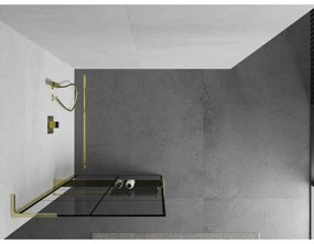 Mexen Kioto+ L, sprchová zástěna Walk-In s poličkou a věšákem 90 x 200 cm, 8mm čiré sklo černý vzor, ​​zlatý lesklý profil, 800-090-123-50-77
