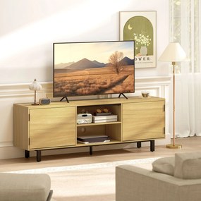 HOMCOM TV stolek 160 cm – pro TV do 165 cm (65 palců), 2 bezúchytková dvířka s push-to-open, 2 otevřené police, kovové nohy, přírodní dekor