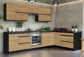 Rohová univerzální kuchyňská linka 300x180, dub artisan/černá, BRECK