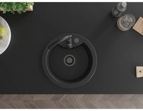 Mexen Diego, granitový dřez 488x488x167 mm, 1-komorový, černá-stříbrná metalíza s černým sifonem, 6512481000-73-B