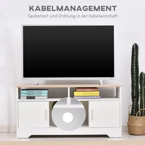 HOMCOM TV Skříňka pro Obývací Pokoj s Velkým Úložným Prostorem, Otevřené Police, Správa Kabelů, Klasický Design 105x40x52 cm Bílá
