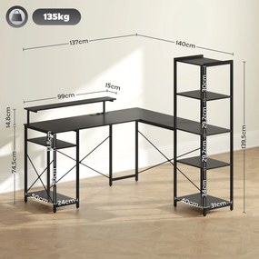 HOMCOM Psací stůl, počítačový stůl ve tvaru L 137 x 140 x 139,5 cm Rohový psací stůl se 6 policemi, kancelářský stůl s podstavcem na monitor, USB, zá…