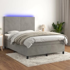 Box spring postel s matrací a LED světle šedá 140x190 cm samet 3135999
