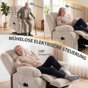 HOMCOM Křeslo pro televizní sledování s masážní a topnou funkcí, elektrické křeslo se vstáváním, dálkové ovládání, boční kapsy, béžová