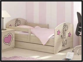 Dětská postel Oskar Žirafa 140x70 cm - Dub Sonoma - 1x krátká + 1x dlouhá zábrana se šuplíkem - Růžová