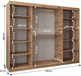 Šatní skříň ENNI - šířka 250 cm, dub artisan / bílá