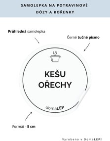 KEŠU OŘECHY – průhledná samolepka na dózu, tučné písmo, 5 cm | DomaLEP