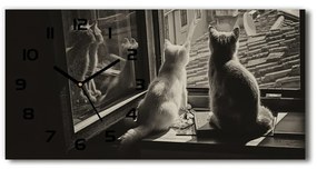 Wallmuralia Skleněné hodiny na stěnu Kočky u okna 60x30 cm