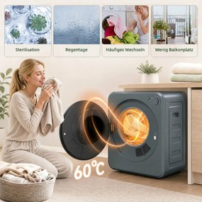 HOMCOM Mini sušička prádla 4 kg s 5 programy až do 60℃ 800W/400W odvětrávací sušička s nerezovým bubnem šedá