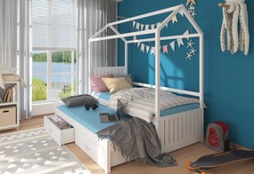 Dětská postel JONASZEK Domek se zábranou + matrace, 90x200/90x190, bílá