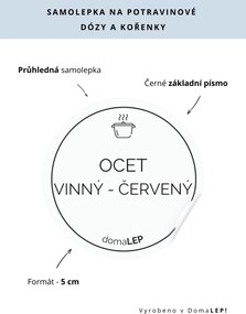 Samolepka na láhev OCET VINNÝ - ČERVENÝ – průhledná, 5 cm, základní písmo