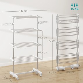 HOMCOM Pojízdný oděvní kůň HOMCOM, 142 x 55 x 172 cm, skládací (4 úrovně), s kolečky, aretace, boční křídla, ABS, bílá | Aosom