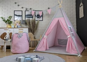 Dětský stan TEEPEE (TÝPÍ) ANIMALS s doplňky - RŮŽOVÁ PARTIČKA - růžový/šedý