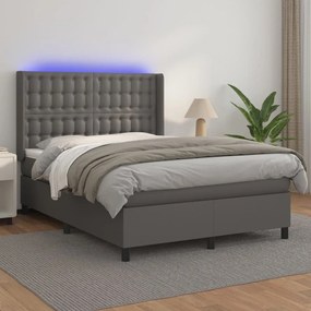 Box spring postel s matrací a LED šedá 140x190 cm umělá kůže