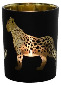Černo zlatý skleněný svícen s jaguárem M - 8*8*10cm