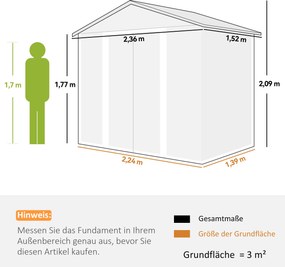 Outsunny Kovový Zahradní Kůlna s Dřevěným Vzhledem 3 m² 152 x 235,7 x 208,7 cm Sklad pro Nástroje s Šikmou Střechou, Okny a Dvoubarevnými Posuvnými D…