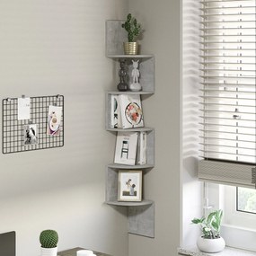 HOMCOM Stěnná rohová polička v zigzag designu 20Š x 20H x 126V cm, 5 úrovní, dřevo, šedá