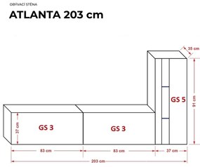 Ral Obývací stěna ATLANTA 1, 203 cm  - Bílý lesk