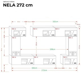 Ral Obývací stěna NELA 7, 272 cm - Bílý lesk