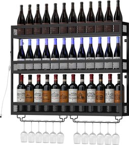 HOMCOM nástěnný držák lahví s LED osvětlením, průmyslový styl, černý kov