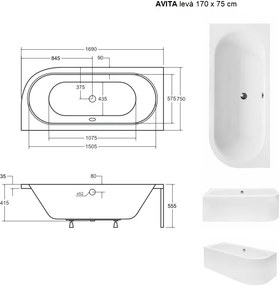 Besco AVITA 170 x 75 cm VANAVIT170L+OLVPINOZ vana vč. nožiček levá